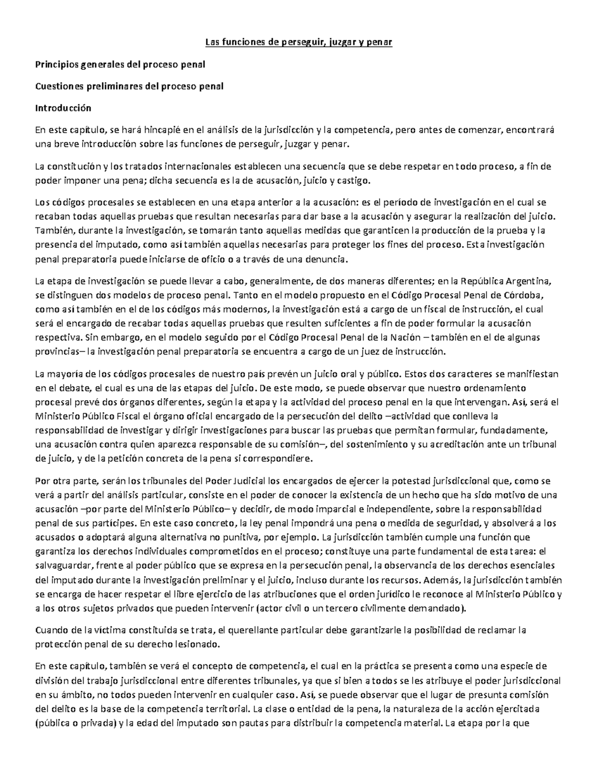 Modulo 1 derecho procesal - Las funciones de perseguir, juzgar y penar Principios generales del ...