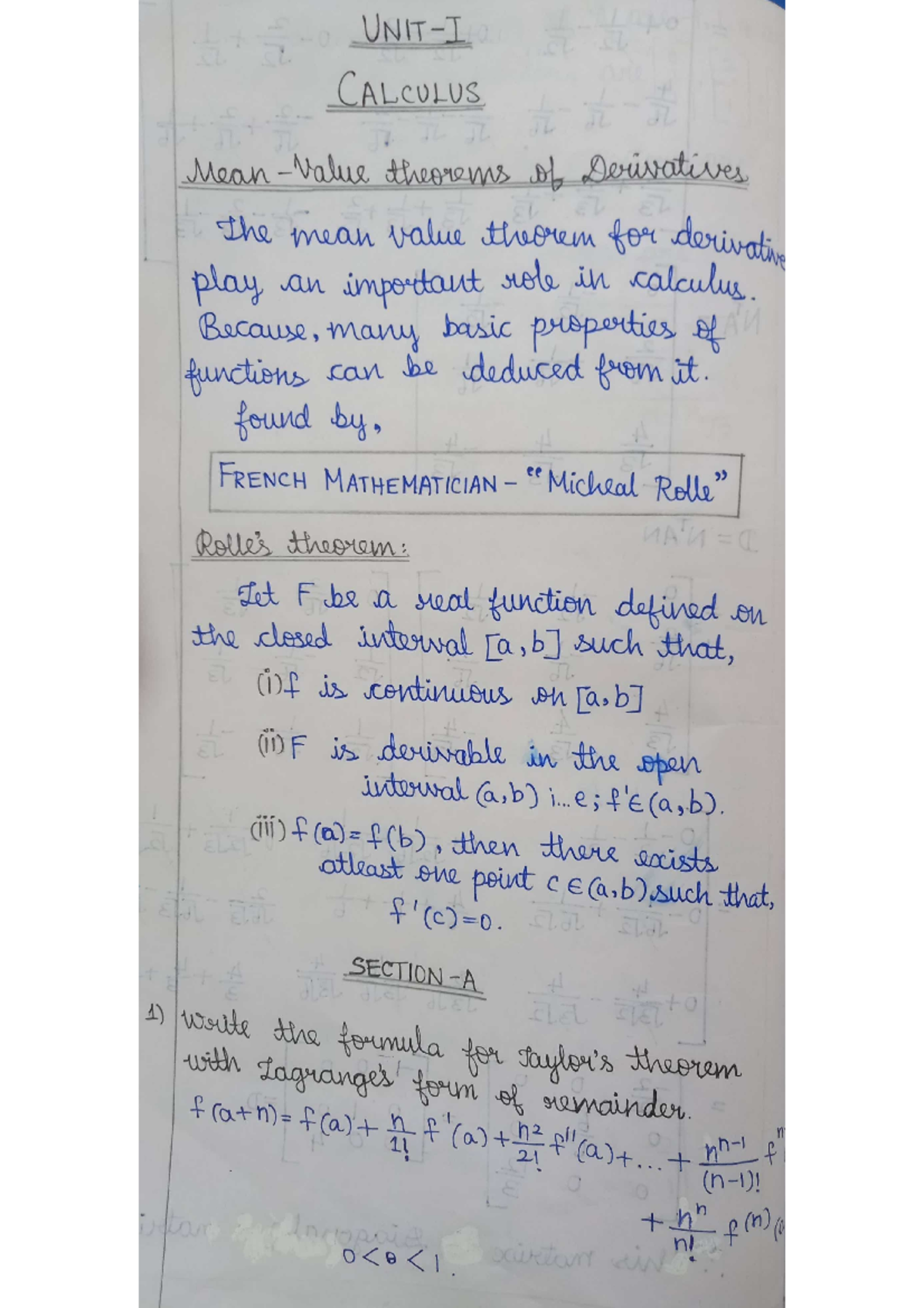 Unit 1 Calculus - unit 1 full notes - CALCULUS theorems of Derivatives ...