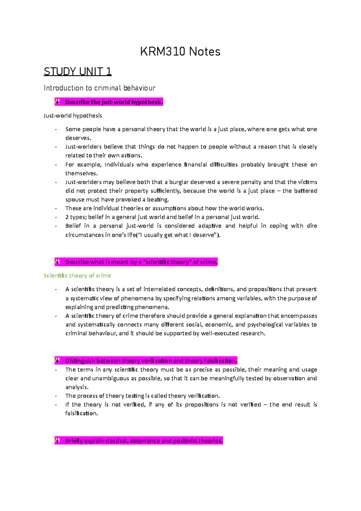 KRM310(B) Notes Unit 1 - Summary Criminology 310 - KRM310 Notes STUDY ...