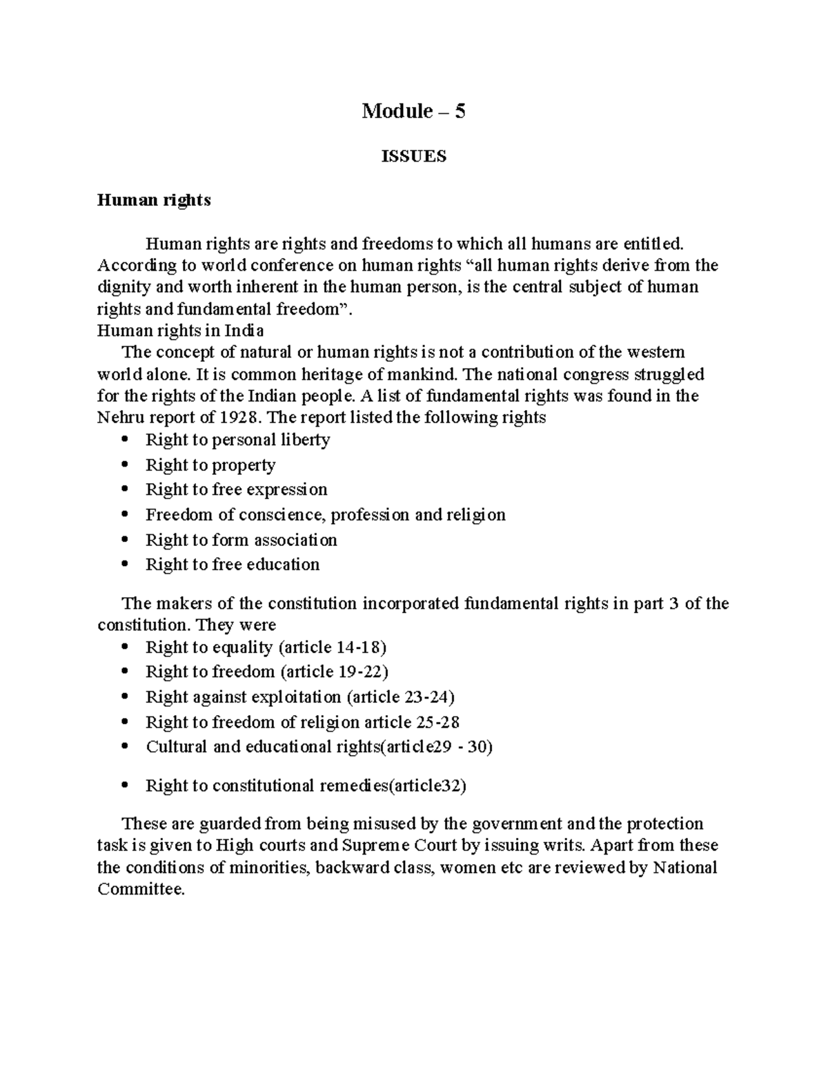 Mod 5 - Module – 5 ISSUES Human rights Human rights are rights and ...