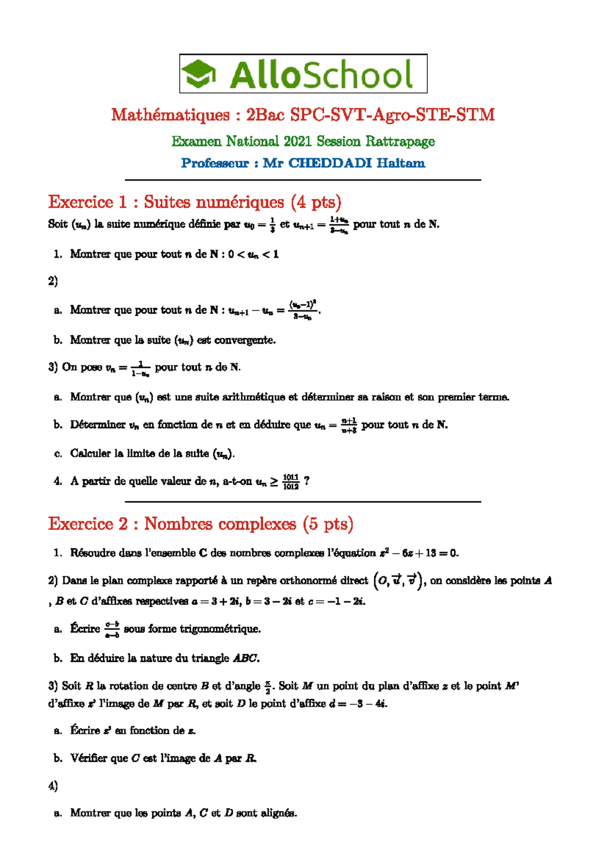 Math 2bac spc svt ste stm examen national 2021 session rattrapage 4 - mathematique - Studocu