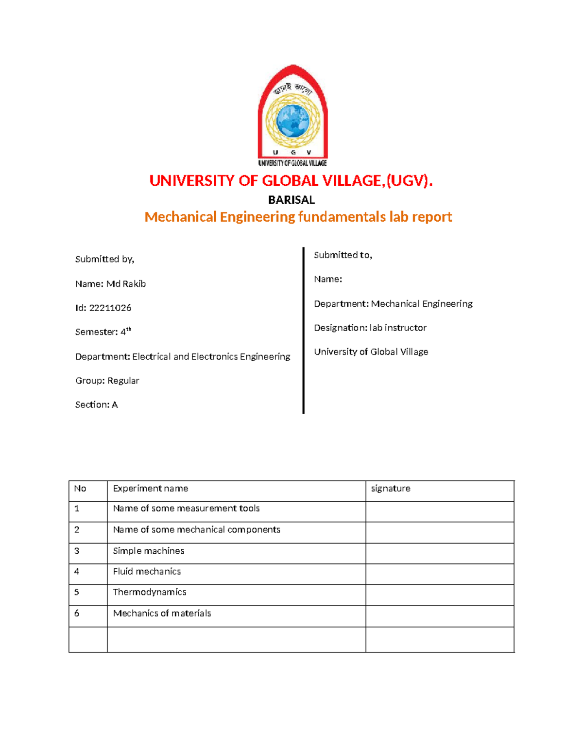 Me lab report formate - Submitted by, Name: Md Rakib Id: 22211026 ...