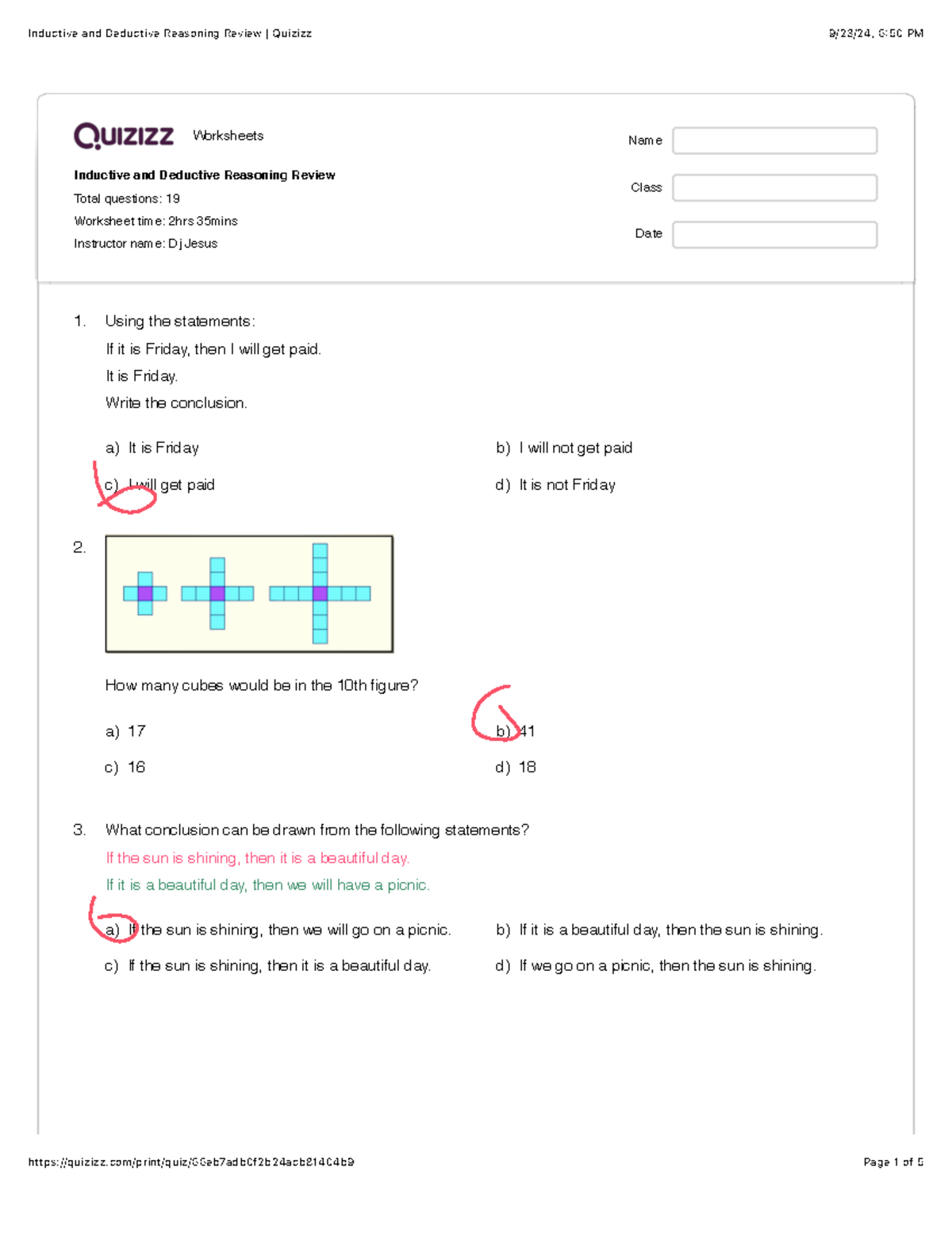 Inductive and Deductive Reasoning Review Quizizz - Worksheets Inductive ...
