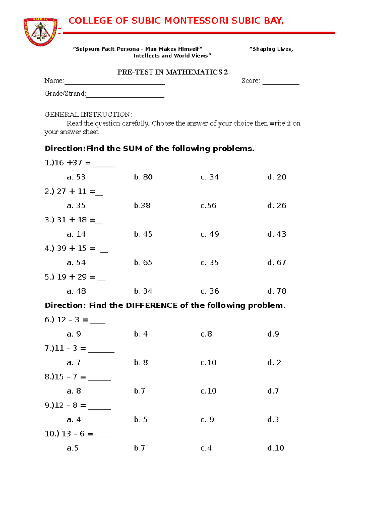 Pretest-Math grade 2 - INC “Seipsum Facit Persona – Man Makes Himself ...