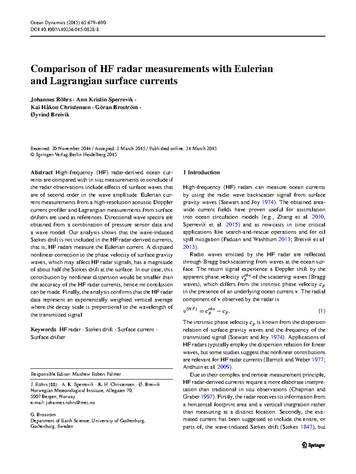 Comparison Of Hf Radar Measurements With Eulerian Doi 10 S10236 015