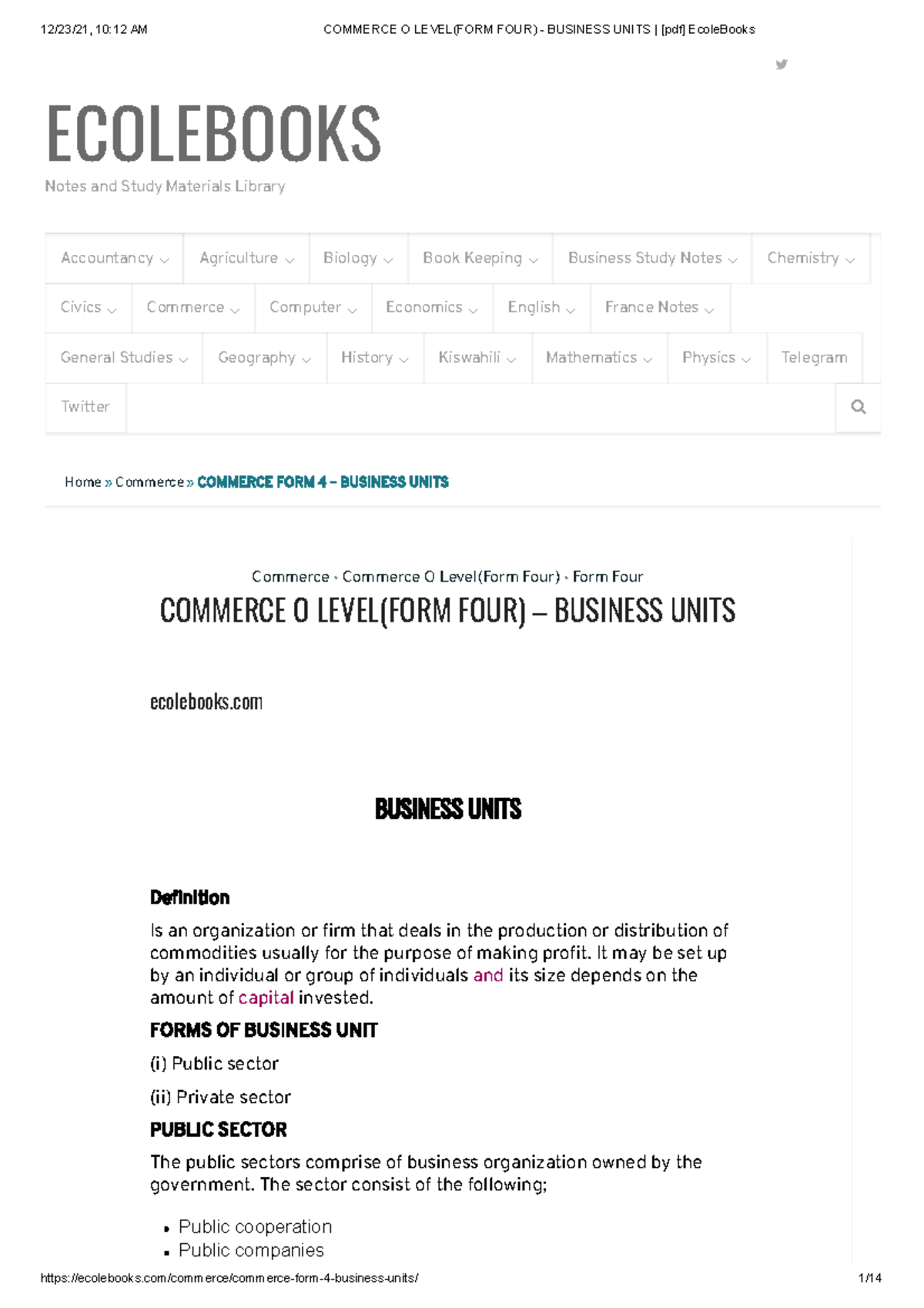 Commerce O Level(FORM FOUR) - Business Units - B.com - SGBAU - Studocu