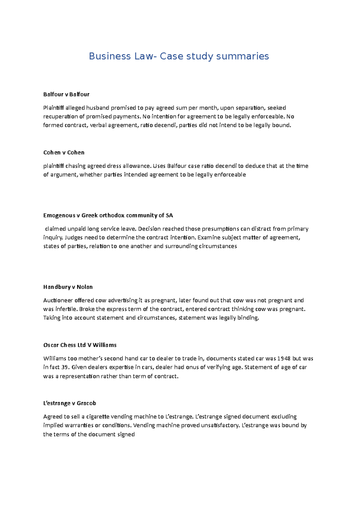 Business law case studies - BLAW20001 - Unimelb - Studocu