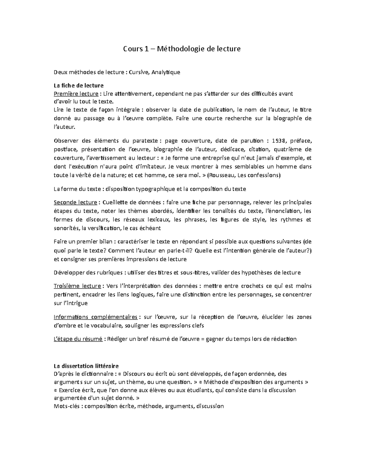 Intra - Cours 1 – Méthodologie de lecture Deux méthodes de lecture : Cursive, Analytique La ...