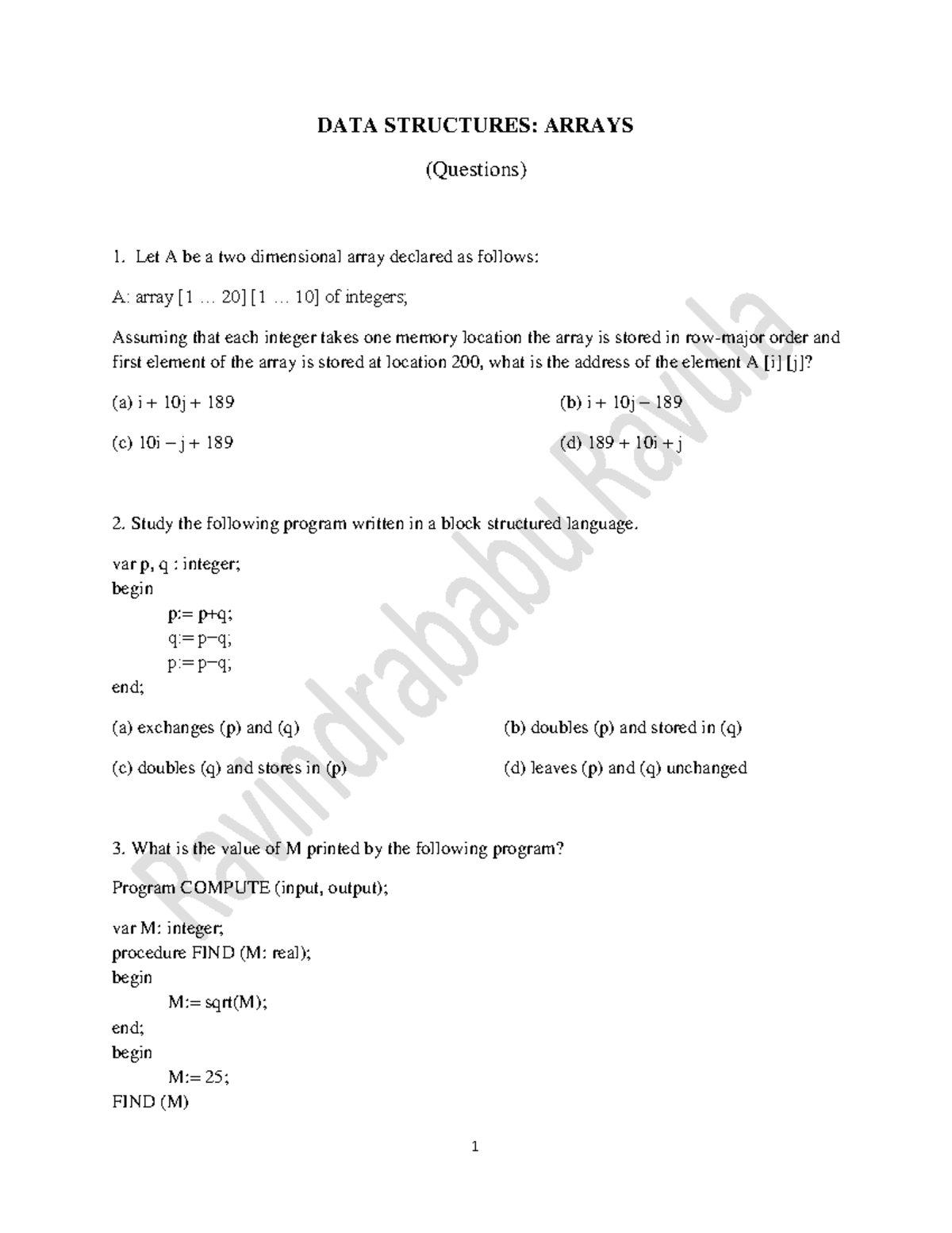 DS Practice Questions(Arrays) -(1) - Computer Science - Studocu