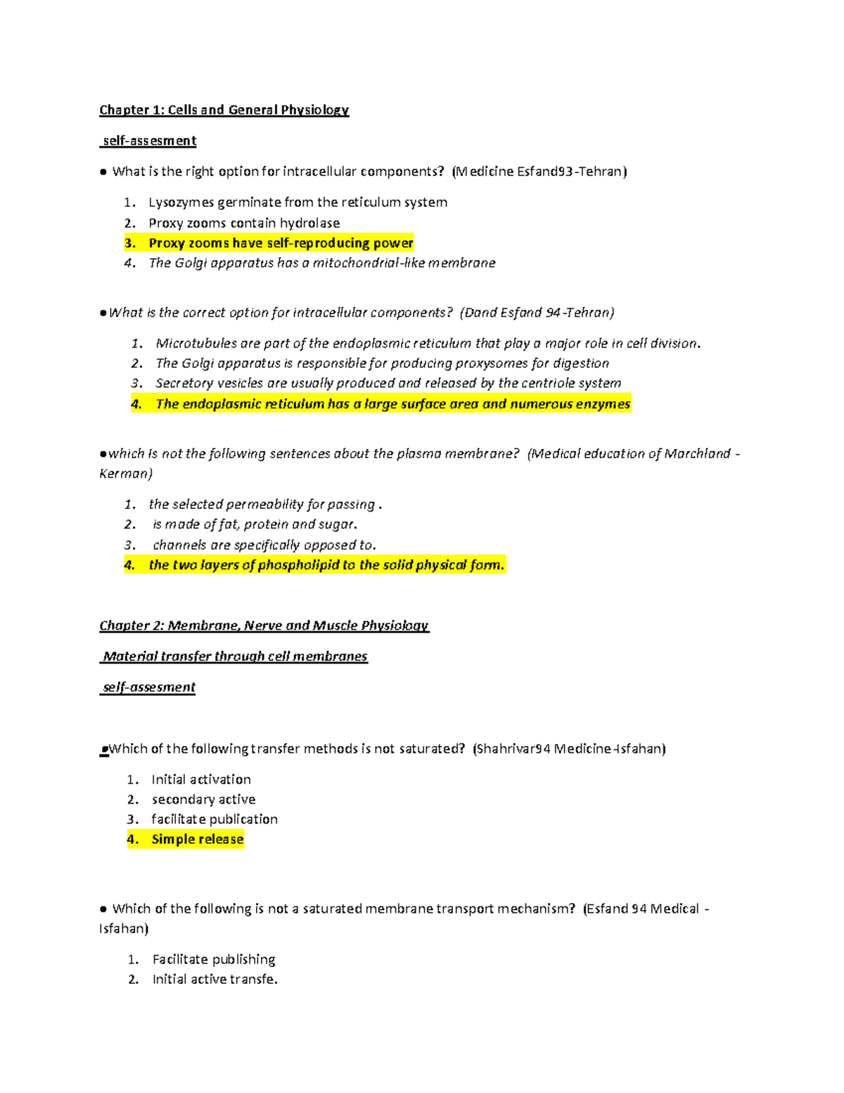 Physiology test msq - Chapter 1: Cells and General Physiology self ...