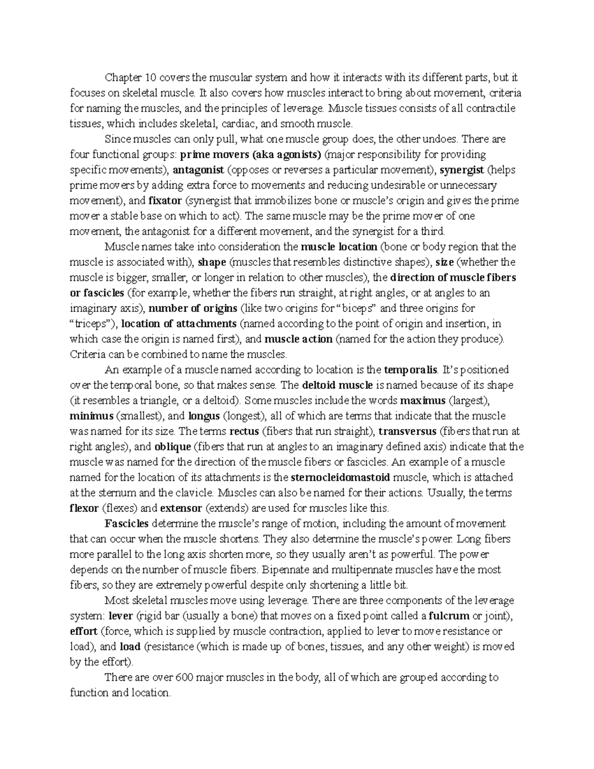 Cheroske Chapter 10 Lecture Summary - Chapter 10 covers the muscular ...