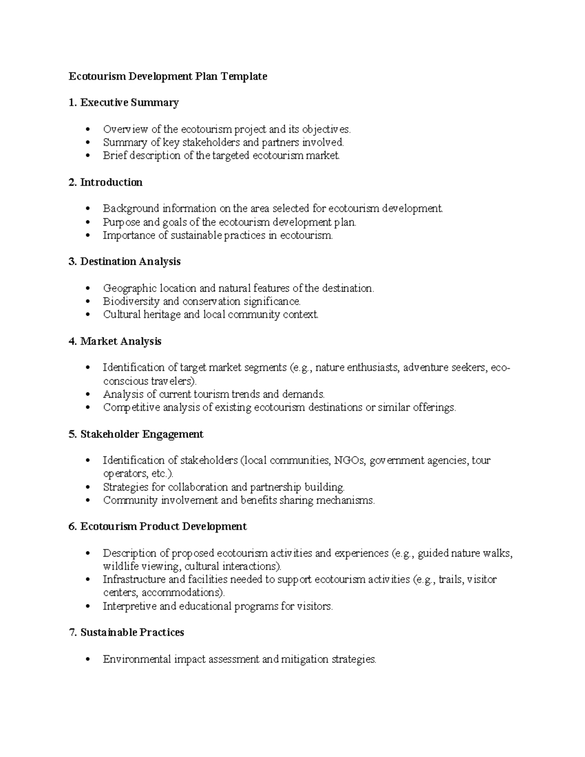 Ecotourism Development Plan Template - Executive Summary Overview of ...