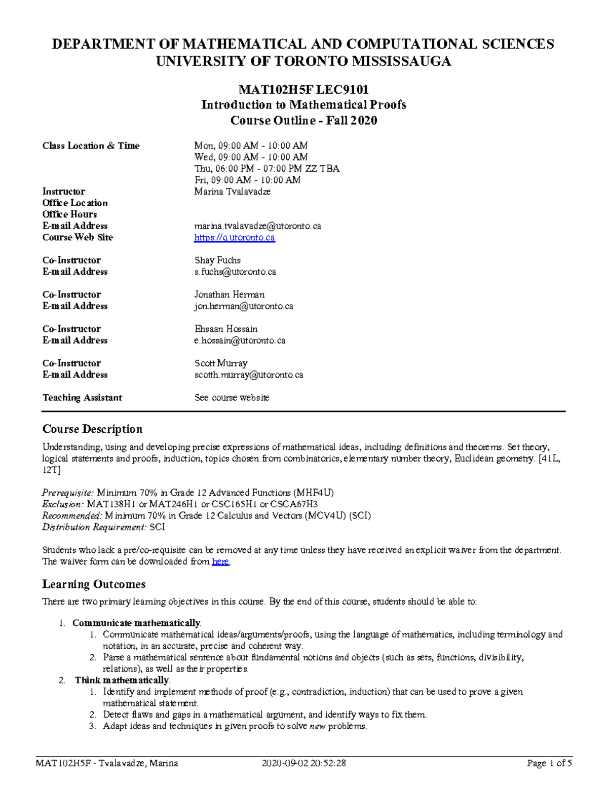 MAT102H5F syllabus (1) 2 - DEPARTMENT OF MATHEMATICAL AND COMPUTATIONAL ...