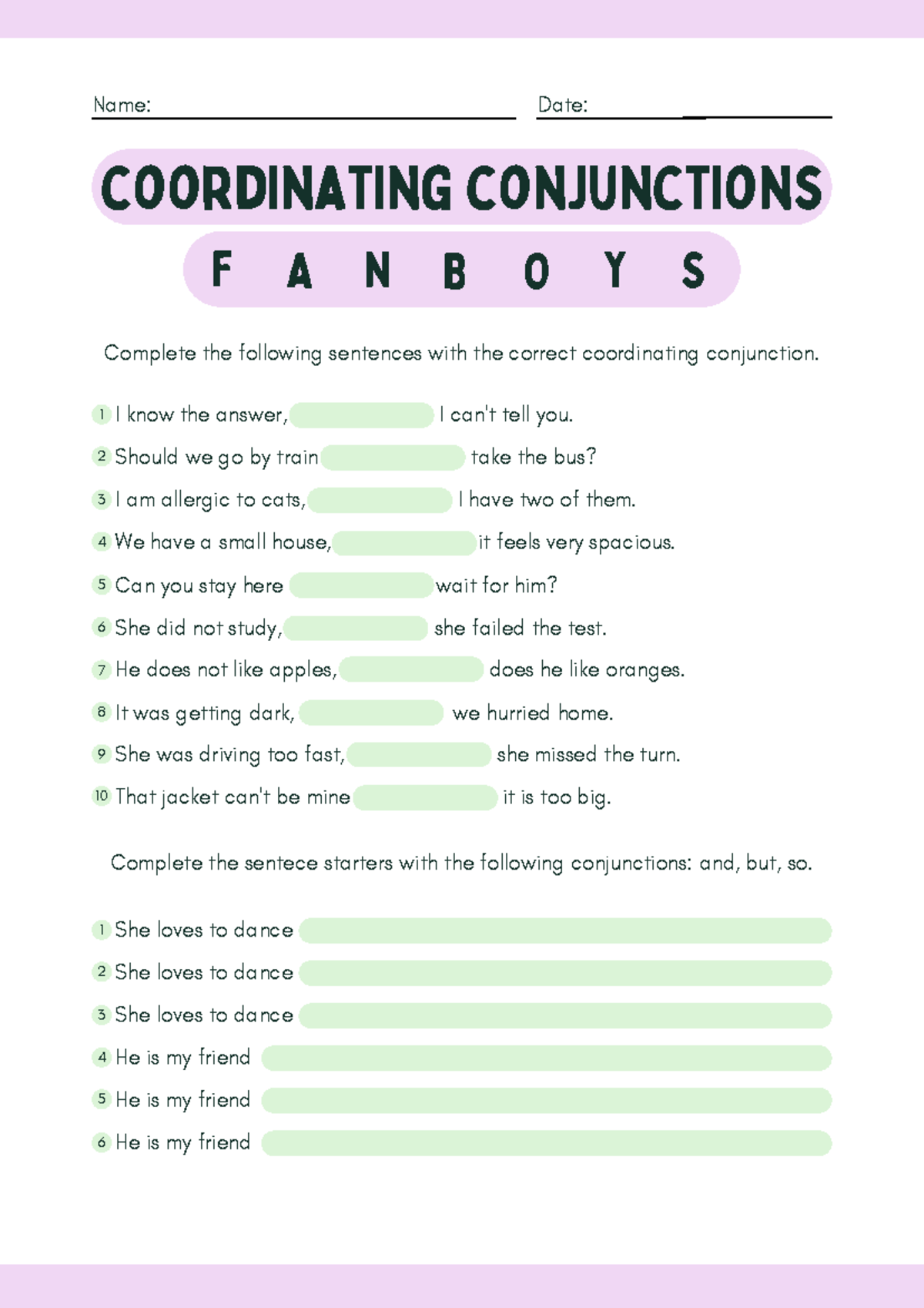 Coordinating Conjunctions Worksheet - F A N B O coordinating ...