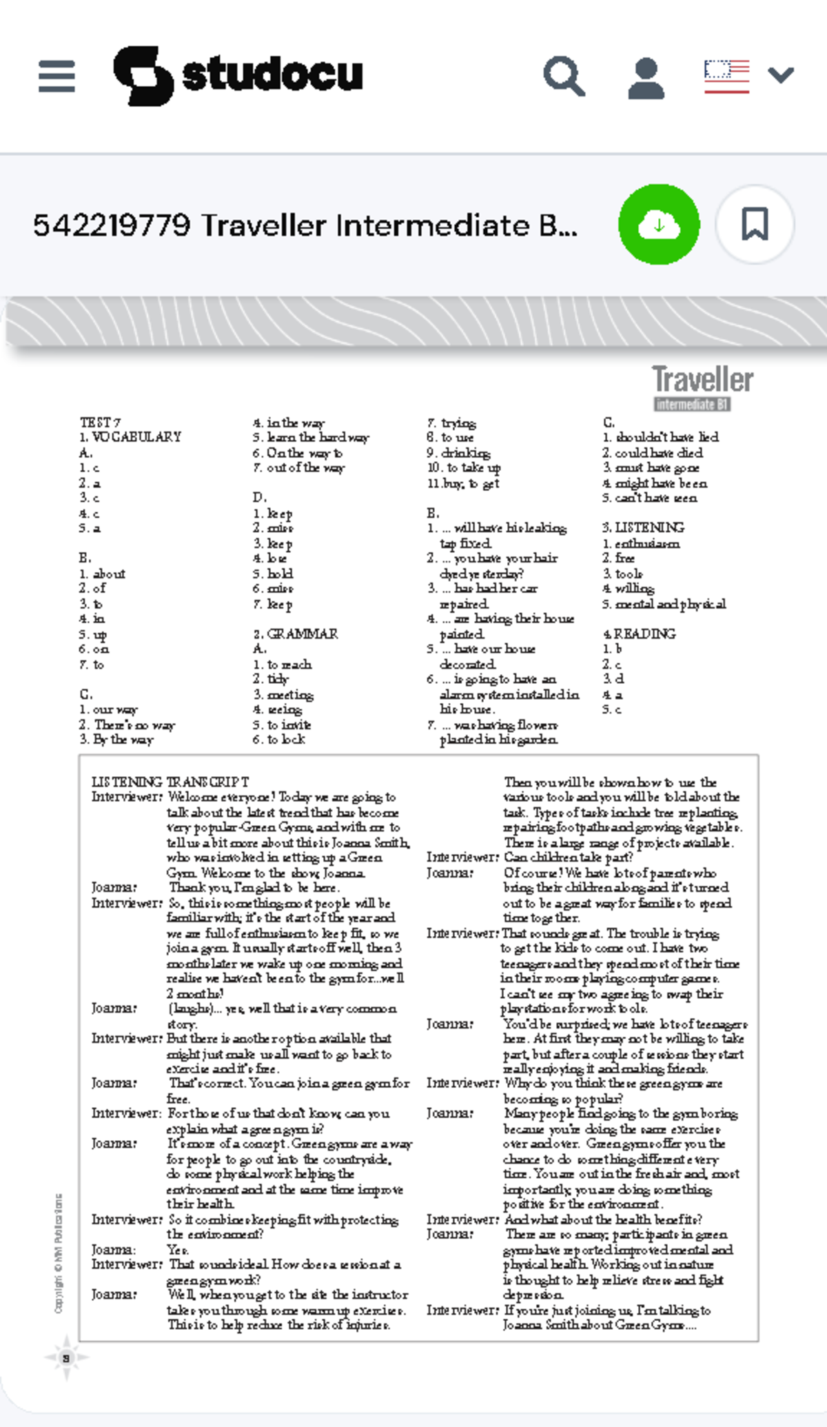 542219779 Traveller Intermediate B1 Key to Test Booklet - TEST 1 A. up ...