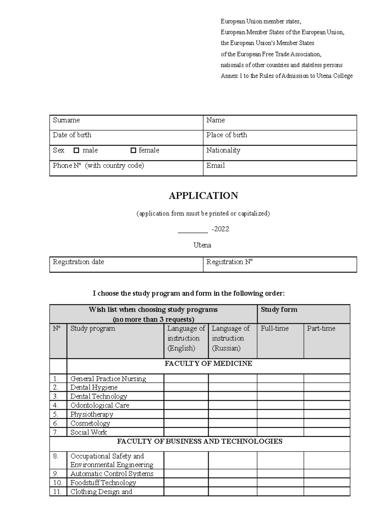 Aplication form 2022 - European Union member states, European Member ...