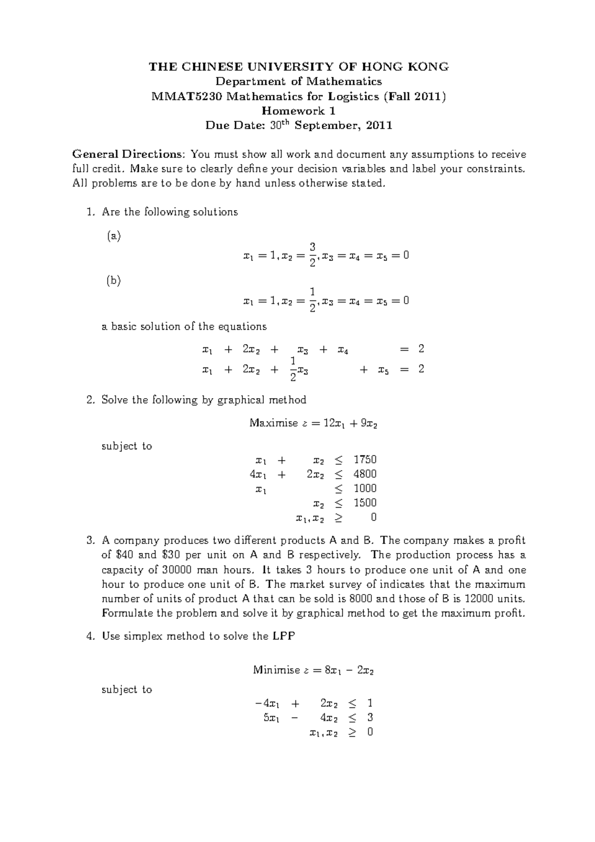 5230 homework 1 - THE CHINESE UNIVERSITY OF HONG KONG Department of ...