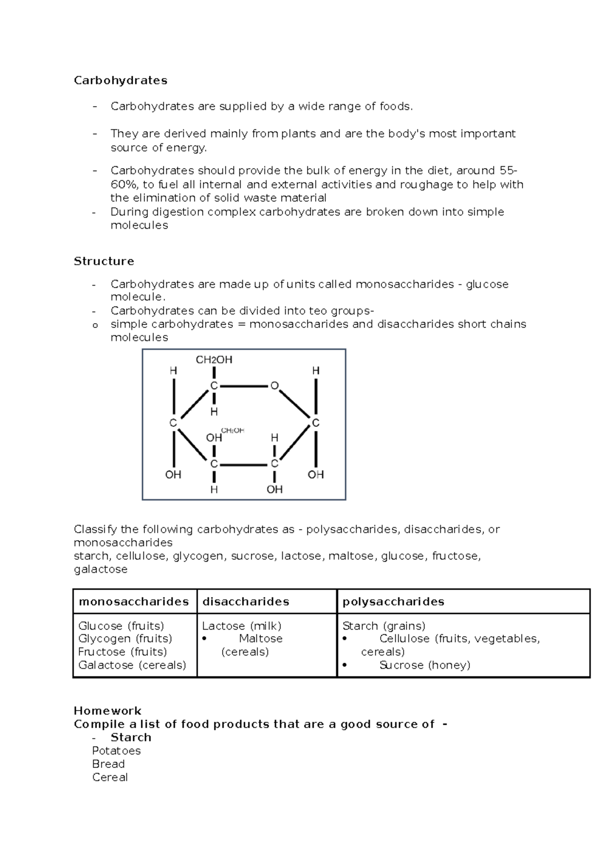 Carbohydrates notes - Carbohydrates - Carbohydrates are supplied by a ...
