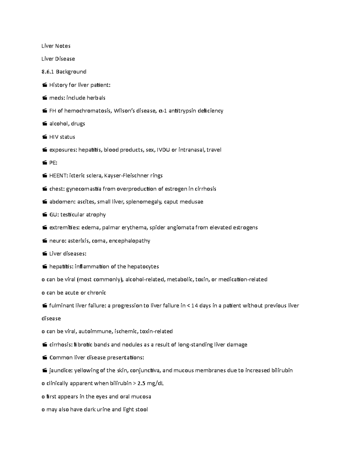 Liver Notes - Liver Notes Liver Disease 8.6 Background History for ...
