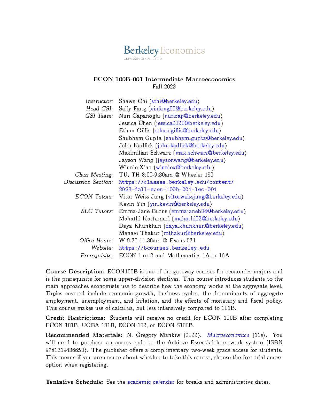 ECON121 Syllabus - ECON 100B-001 Intermediate Macroeconomics Fall 2023 ...