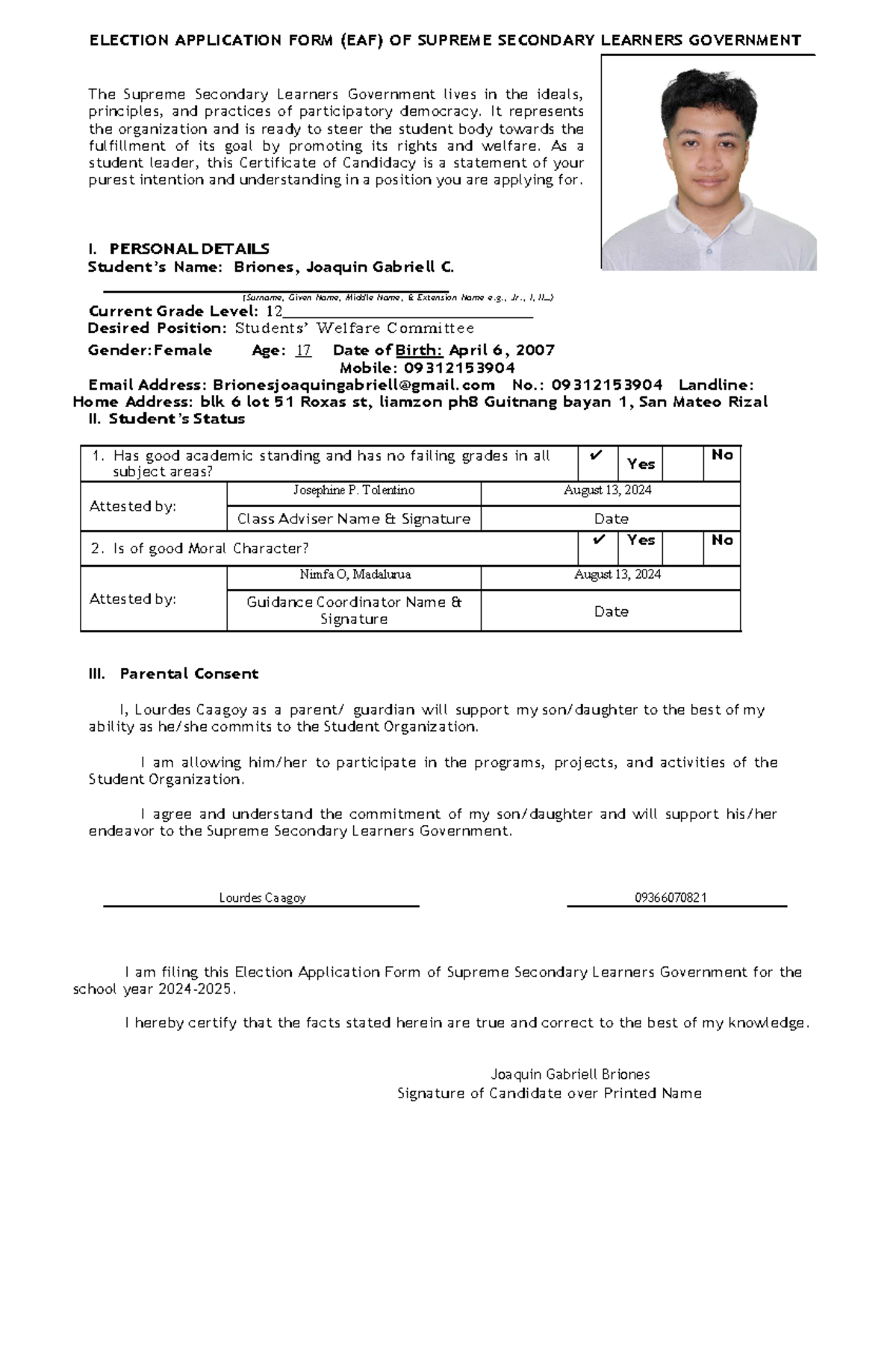 Election- Joaquin- Briones - ELECTION APPLICATION FORM (EAF) OF SUPREME SECONDARY LEARNERS - Studocu