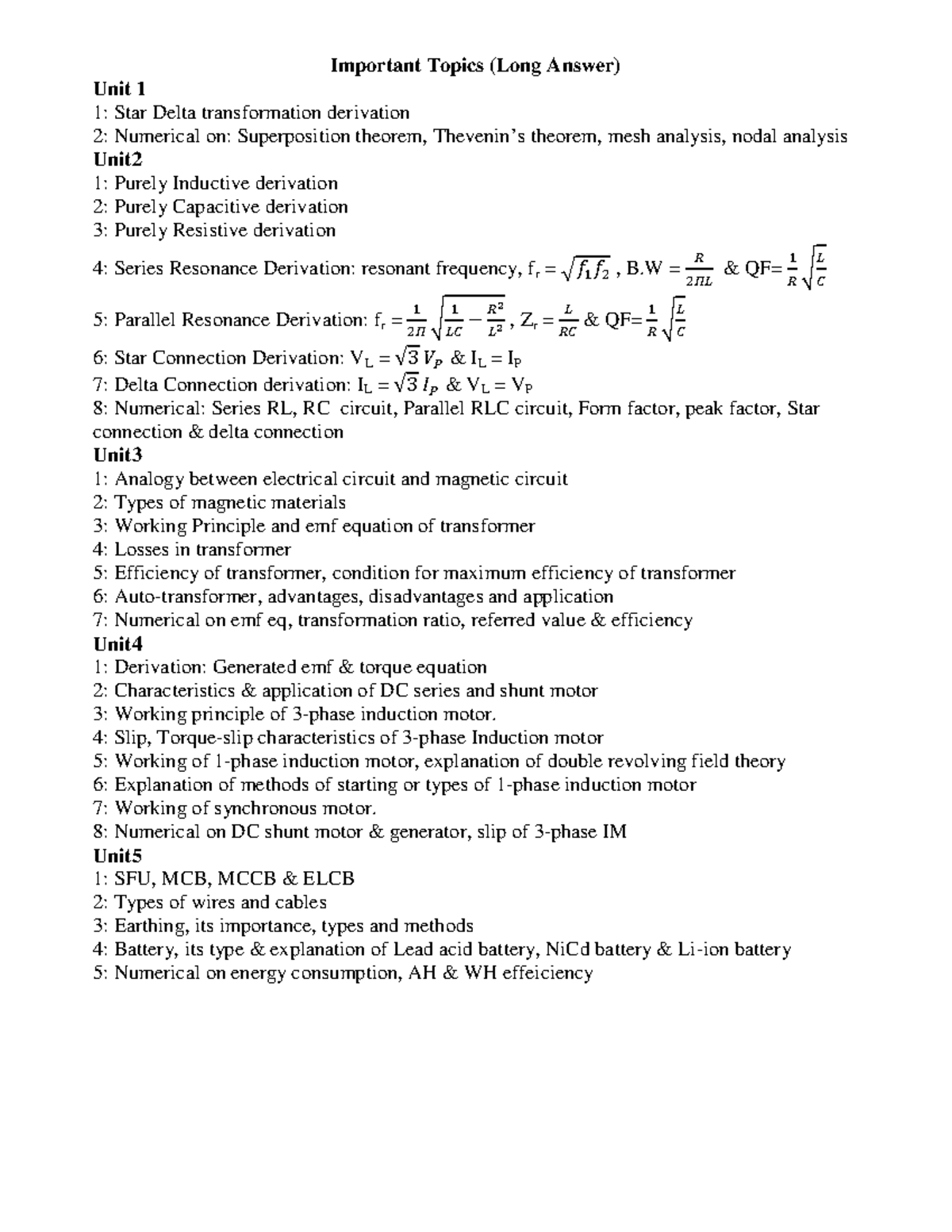 Electrical Engg Important Topics - Important Topics (Long Answer) Unit ...