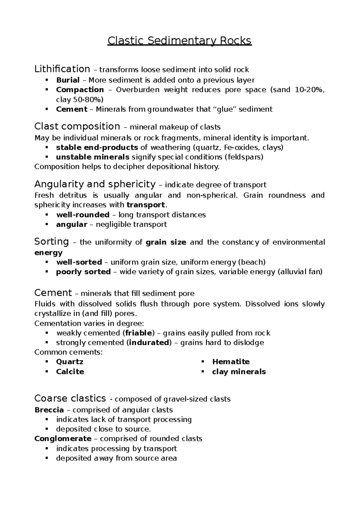 Clastic Sedimentary Rocks Notes - Clastic Sedimentary Rocks ...