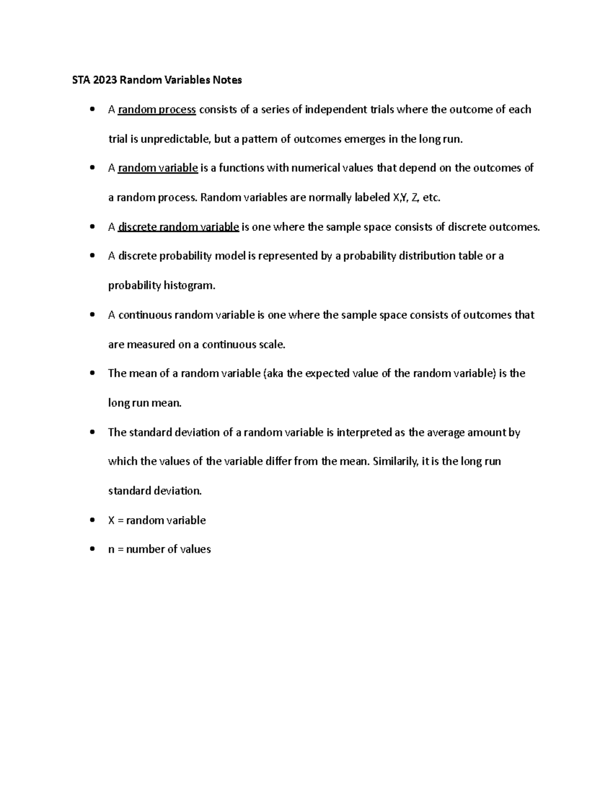 Sta 2023 Random Variables Notes Sta 2023 Random Variables Notes A
