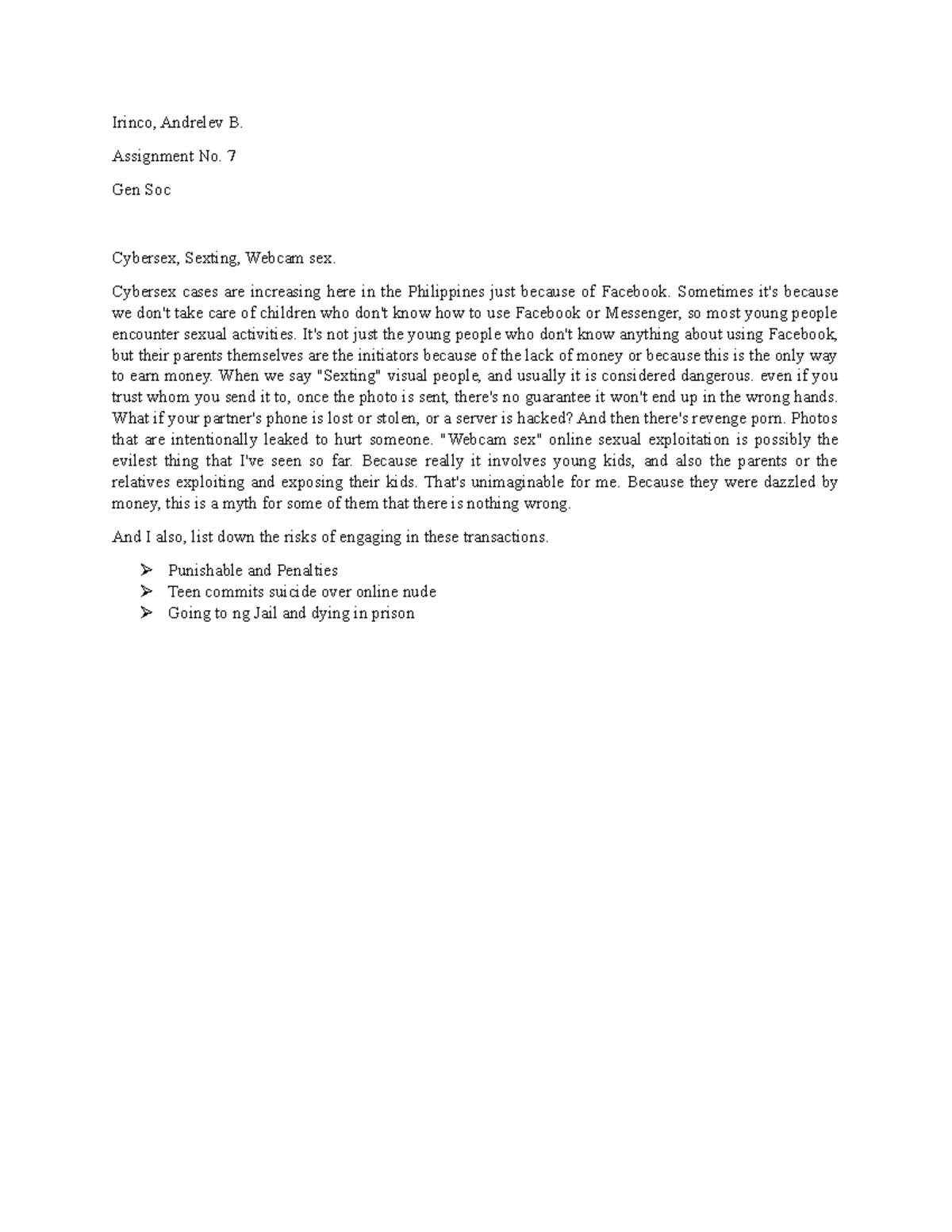 Assignment No 7 None Irinco Andrelev B Assignment No 7 Gen Soc Cybersex Sexting Webcam
