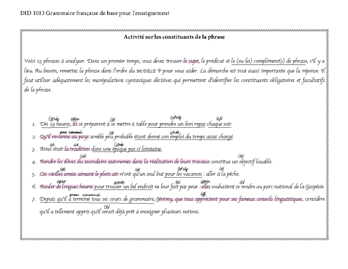 Activité Constituants de la phrase - Activité sur les constituants de ...