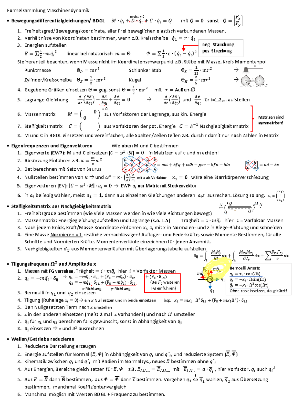 Formelsammlung MD - Formelsammlung Maschinendynamik • Bewegungsdifferentialgleichungen/ BDGL 𝑀 ∙ ...