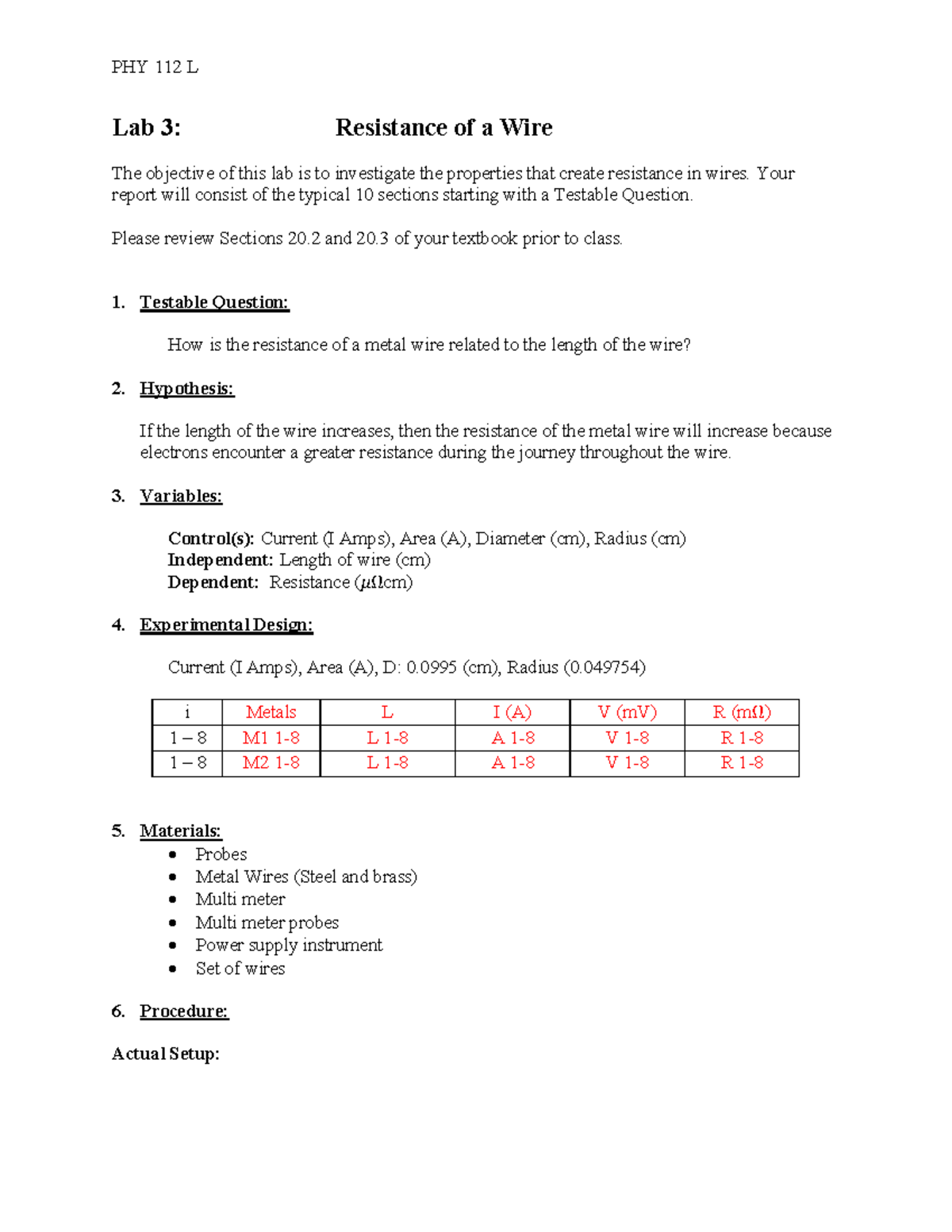 Lab 3 Resistance of a Wire”-1 - Lab 3 : Resistance of a Wire The ...