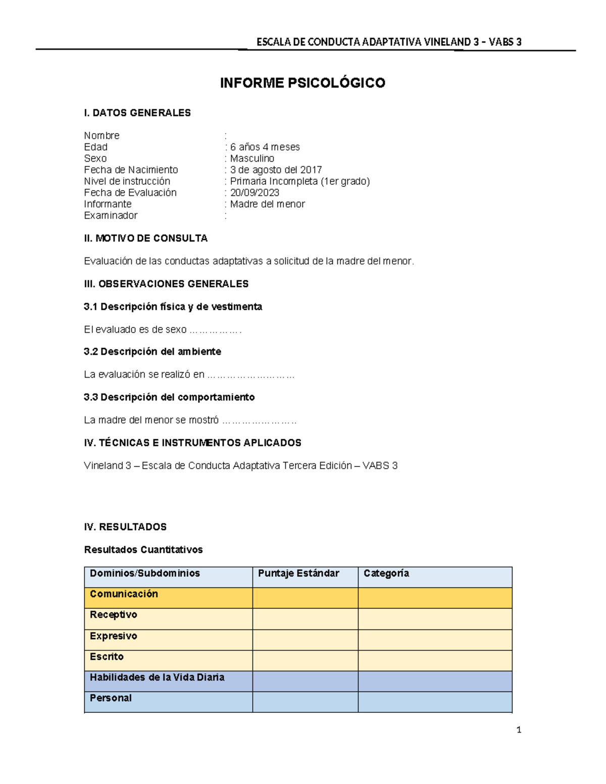 Informe Psicológico vinelan modelo - ESCALA DE CONDUCTA ADAPTATIVA ...