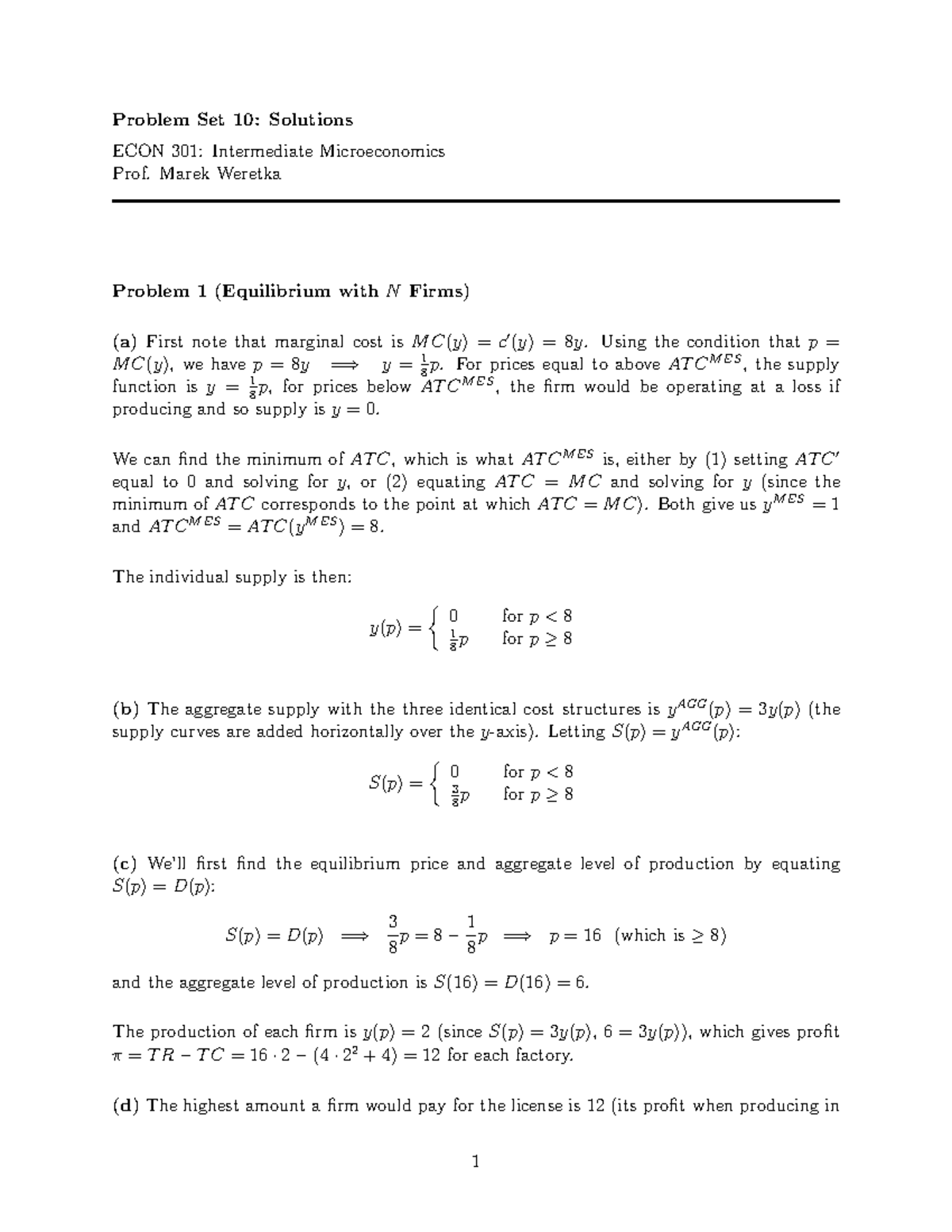 PS10Sol - Problem set solutions - Problem Set 10: Solutions ECON 301 ...