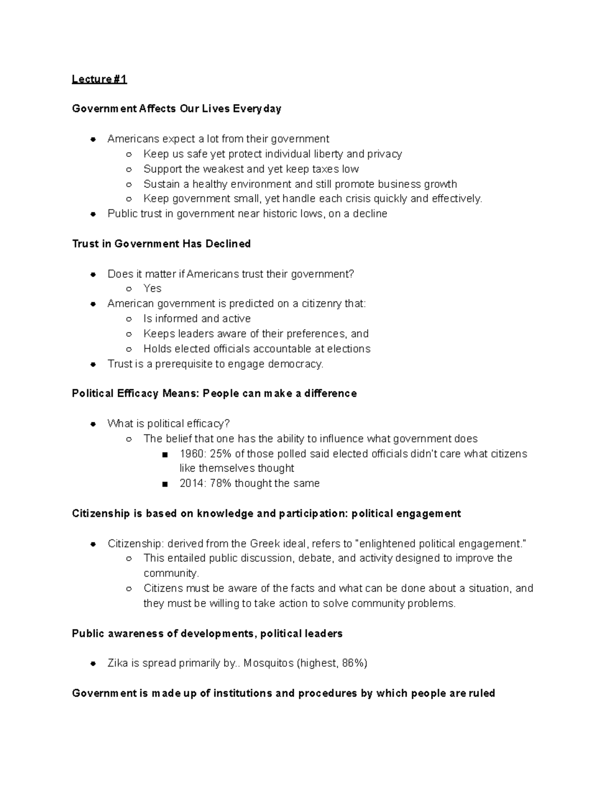 POLS 1101 Exam #1 Notes - Teacher: Alexa Bankert - Lecture # Government ...