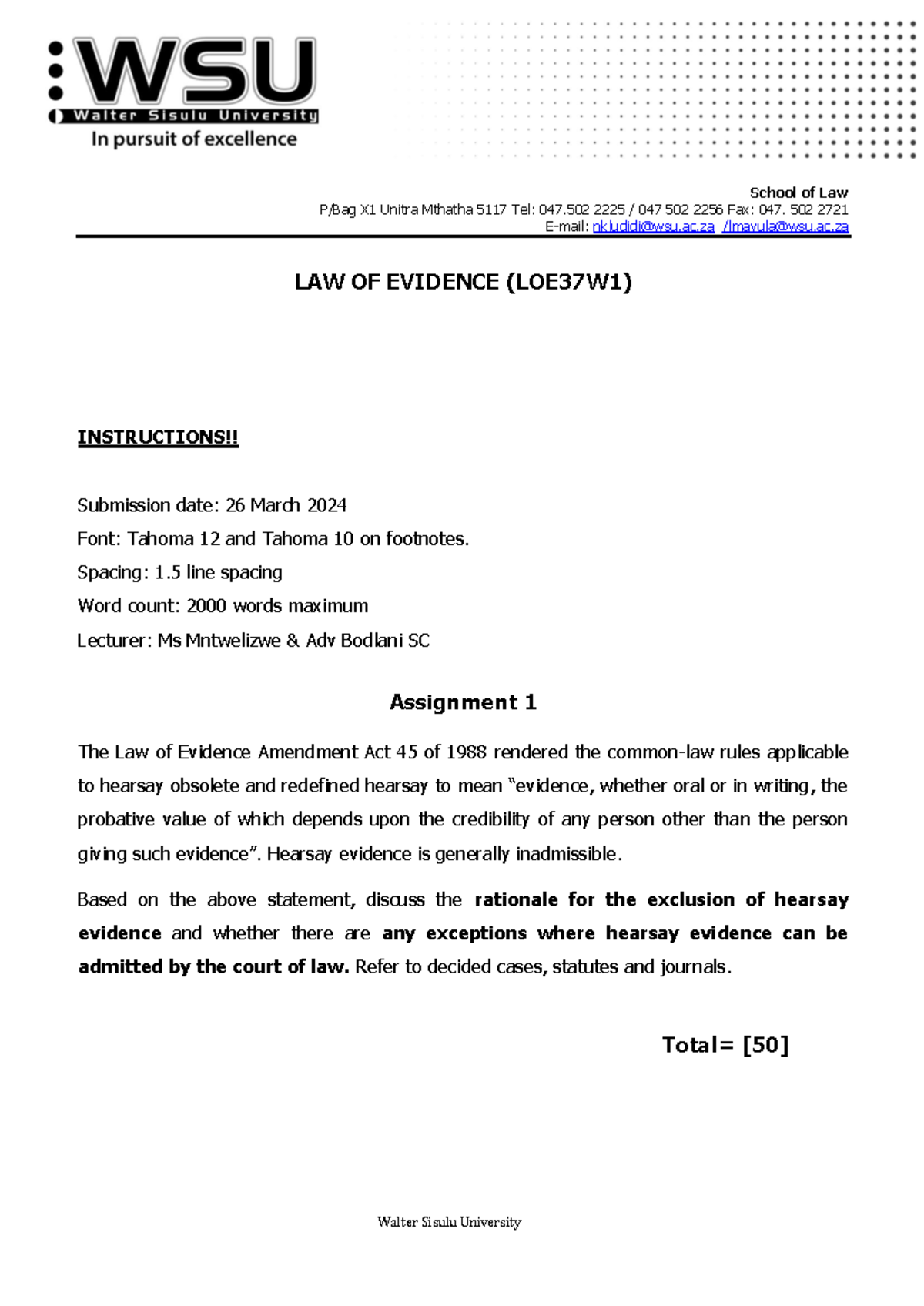 LAW OF Evidence Assignment 1 2024 PDF - Walter Sisulu University School ...