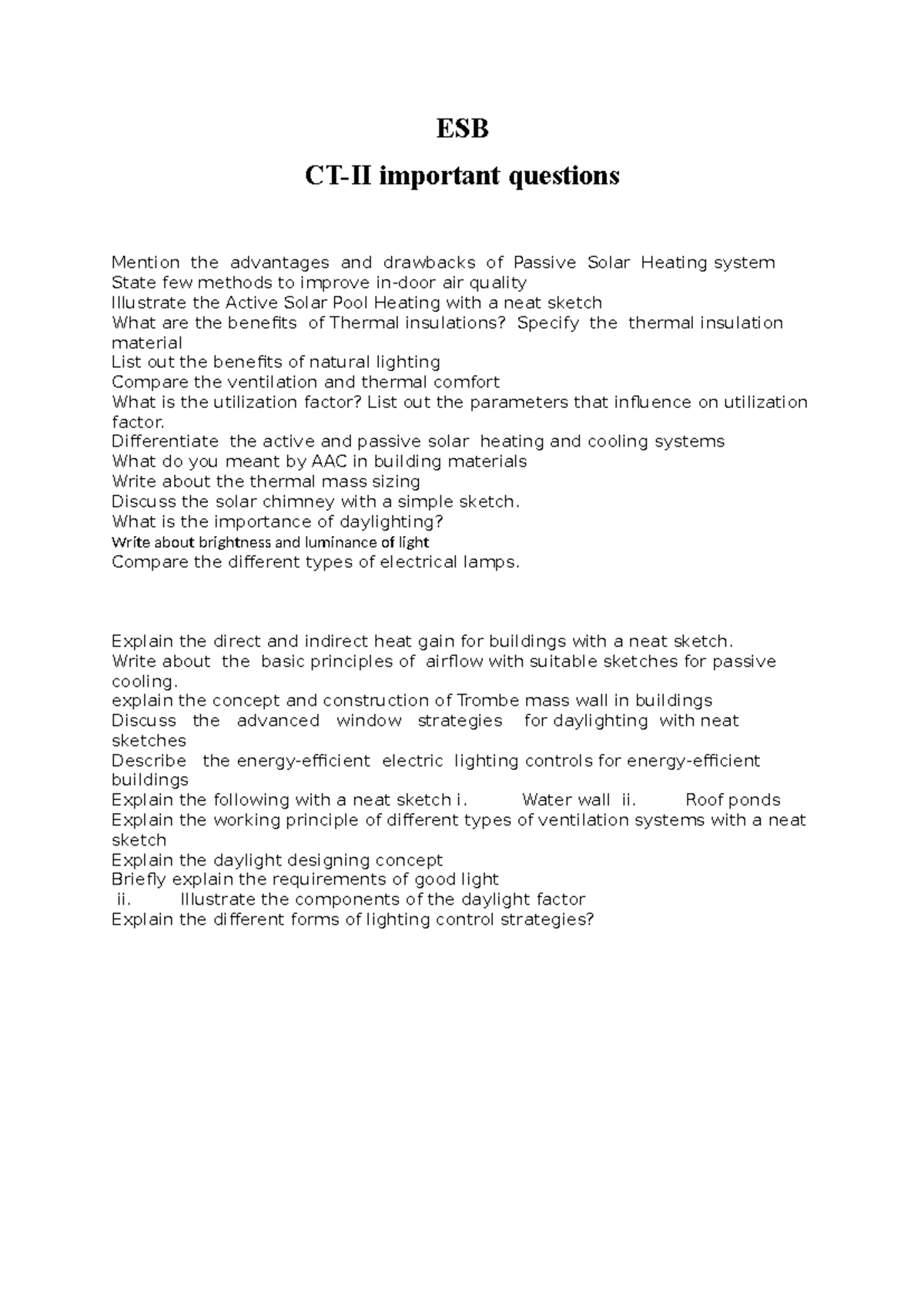 ESB ct-2 important questions - ESB CT-II important questions Mention ...