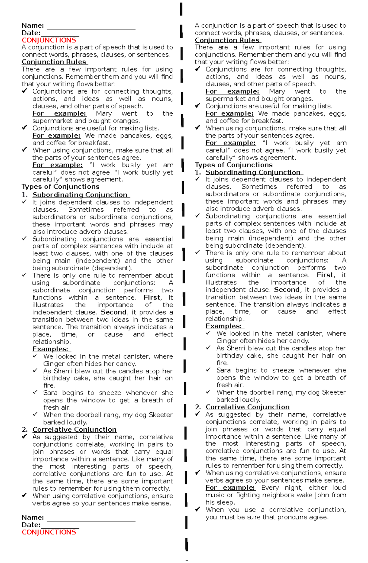 Conjuctions - Notes for conjunction - Name ...