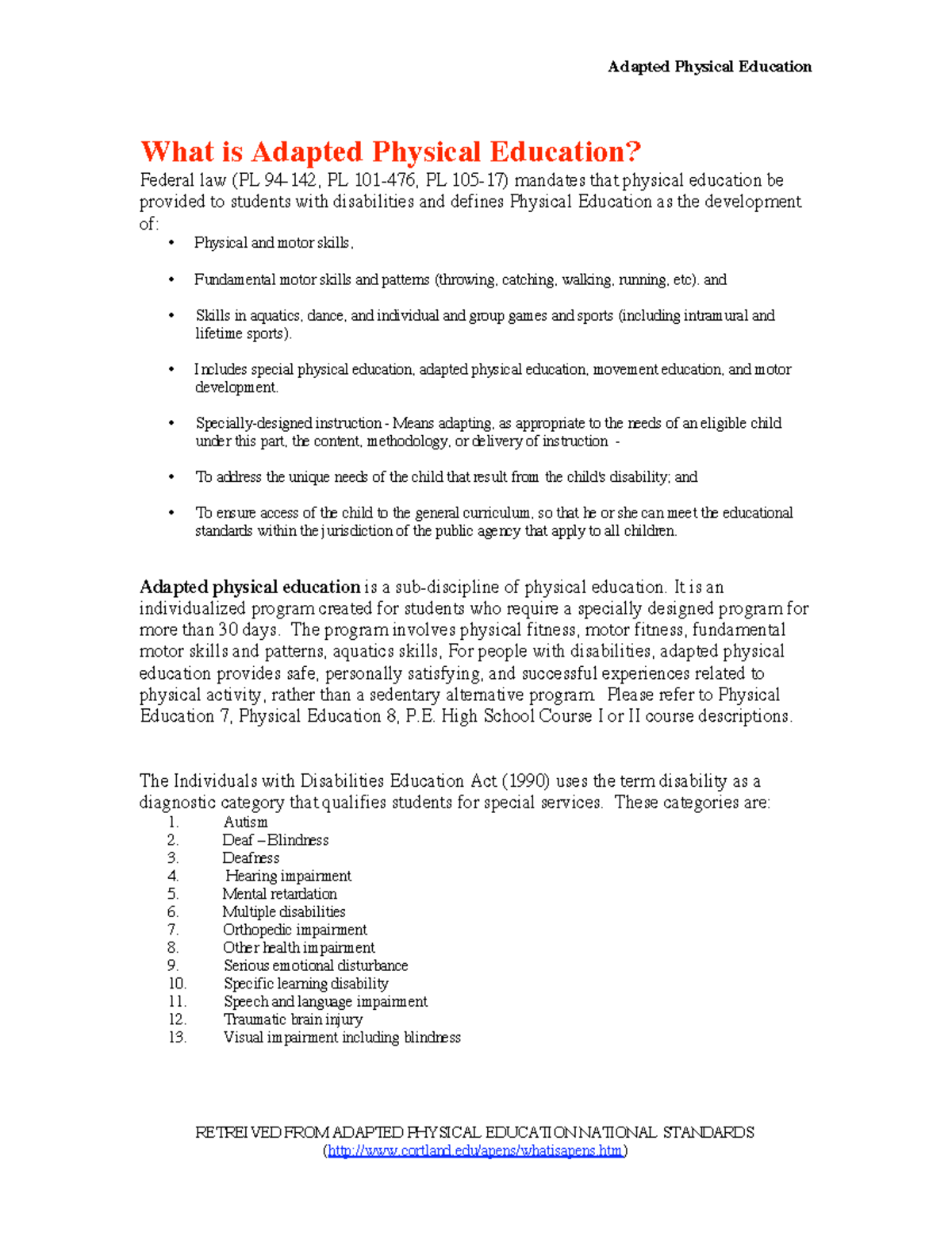 Adapted PE - Adapted Physical Education RETREIVED FROM ADAPTED PHYSICAL ...