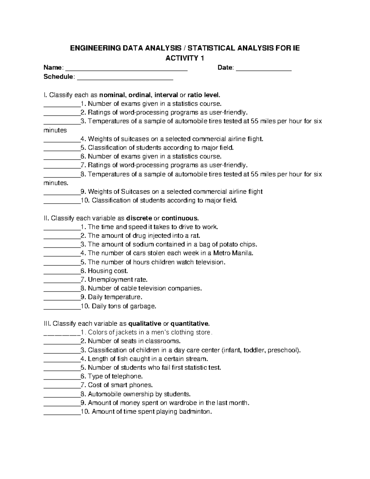 Activity in Preliminary Concepts in Statistics - ENGINEERING DATA ...