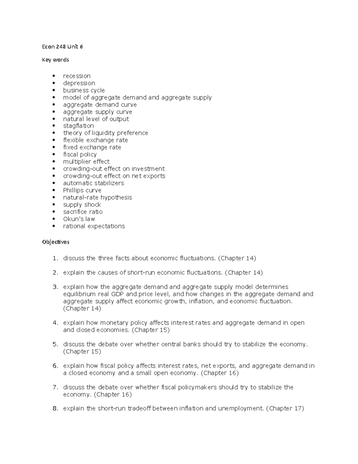 Econ 248 Unit 6 - notes - Econ 248 Unit 6 Key words recession ...