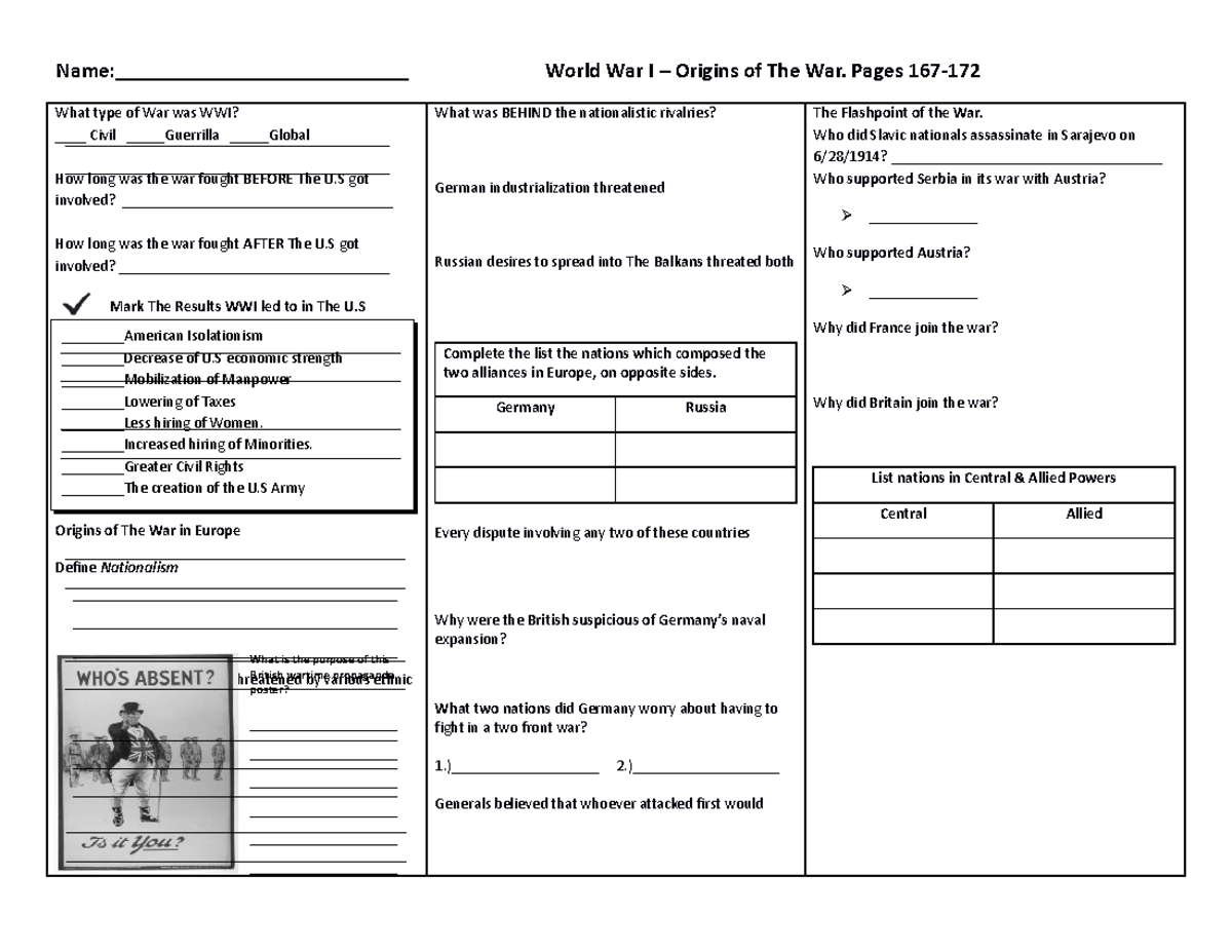 World WAR I Worksheet - Name:___________________________ World War I ...