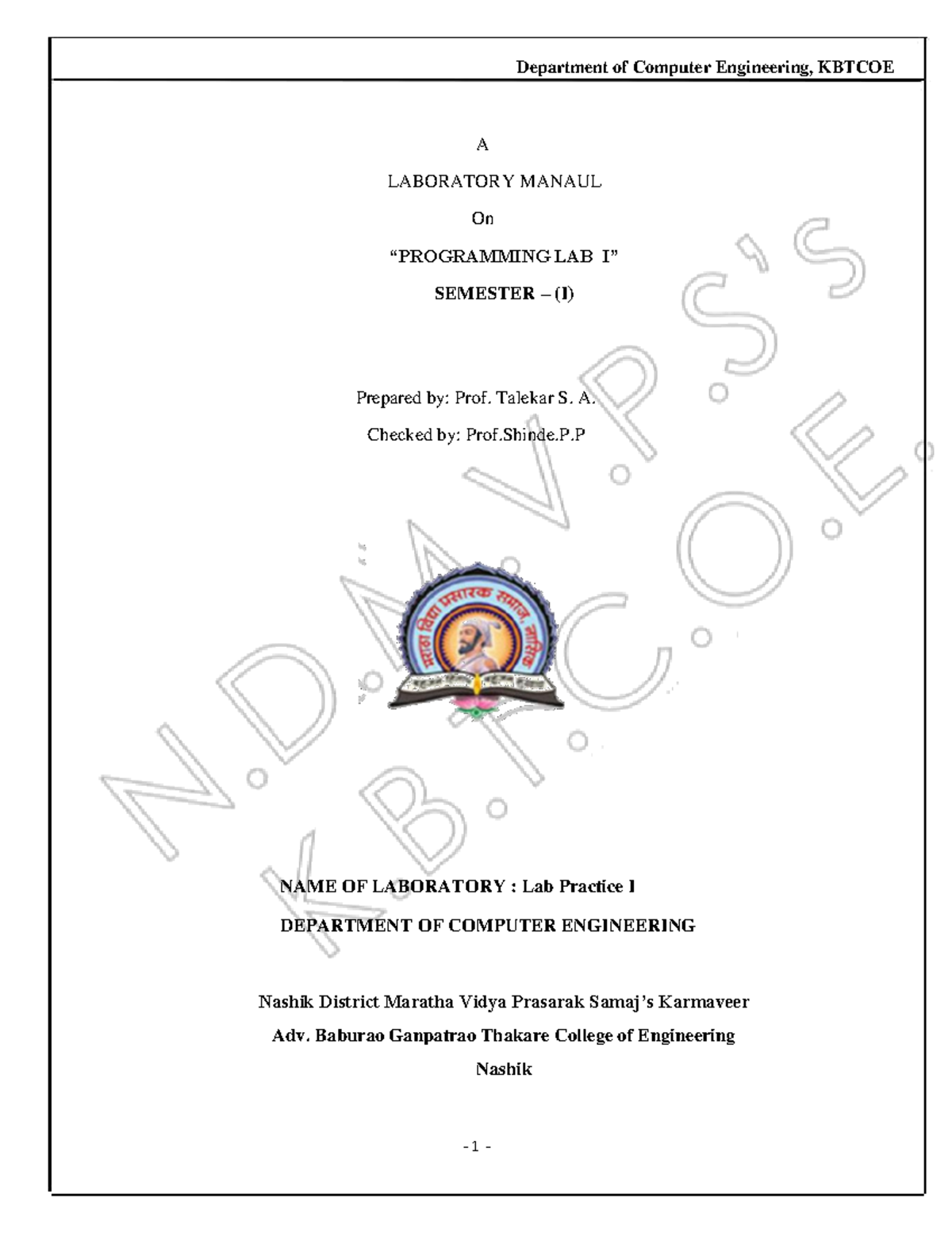 Lp1-manual - A LABORATORY MANAUL On “PROGRAMMING LAB I” SEMESTER – (I ...