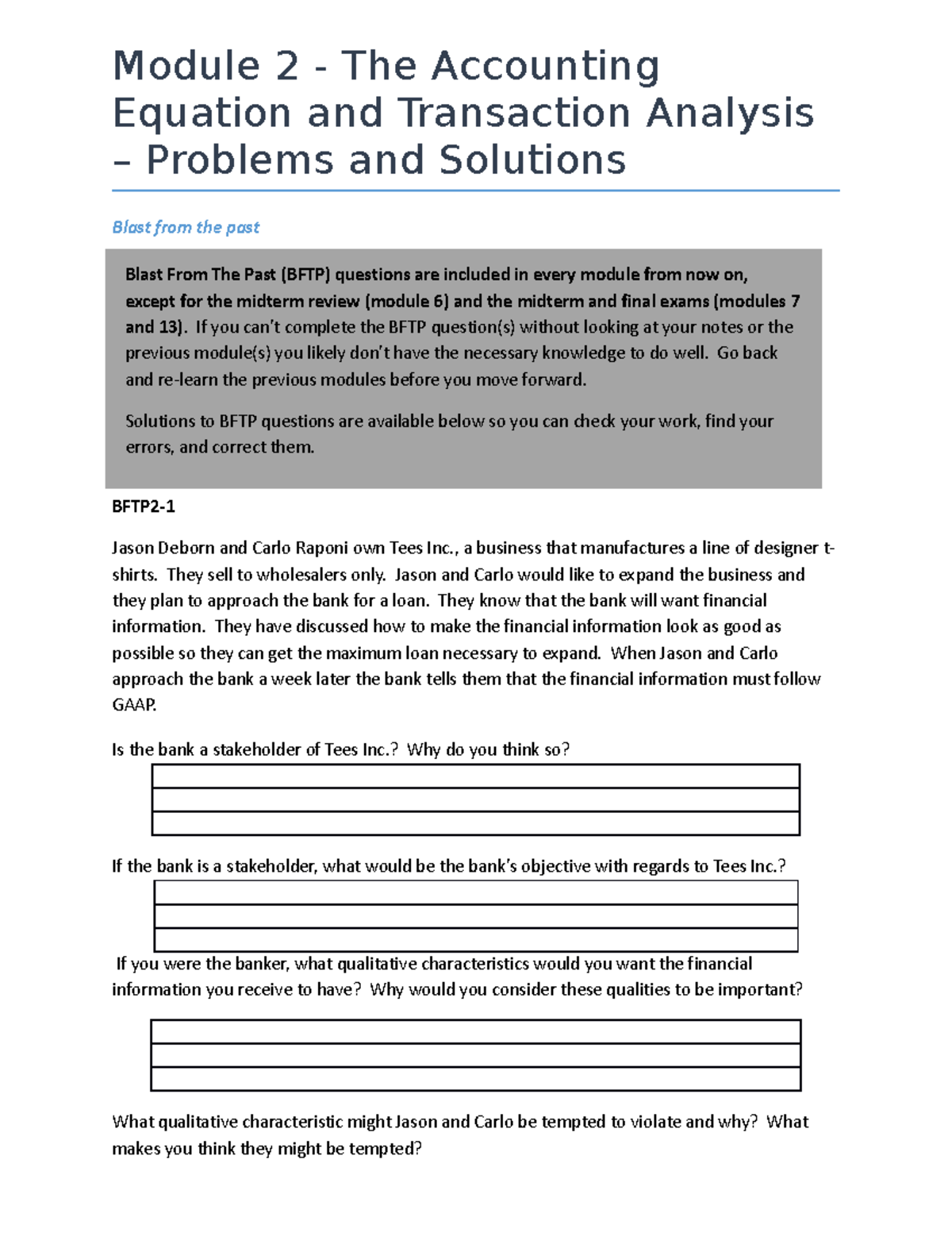 Module 2 - Problems and Solutions - W2023 - Module 2 - The Accounting Equation and Transaction ...