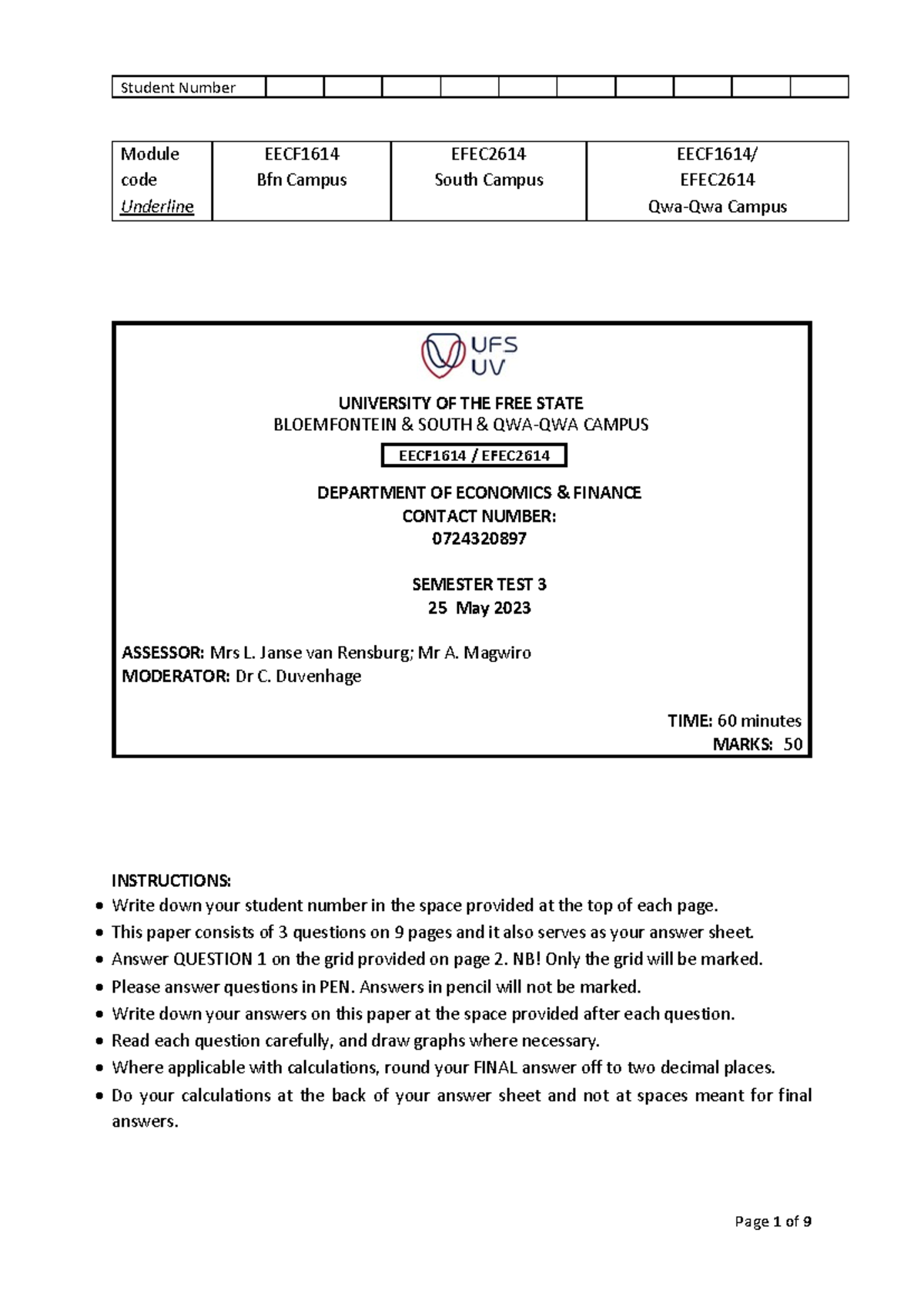 EECF1614 TEST 3 2023- Final-MEMO - INSTRUCTIONS: • Write down your ...