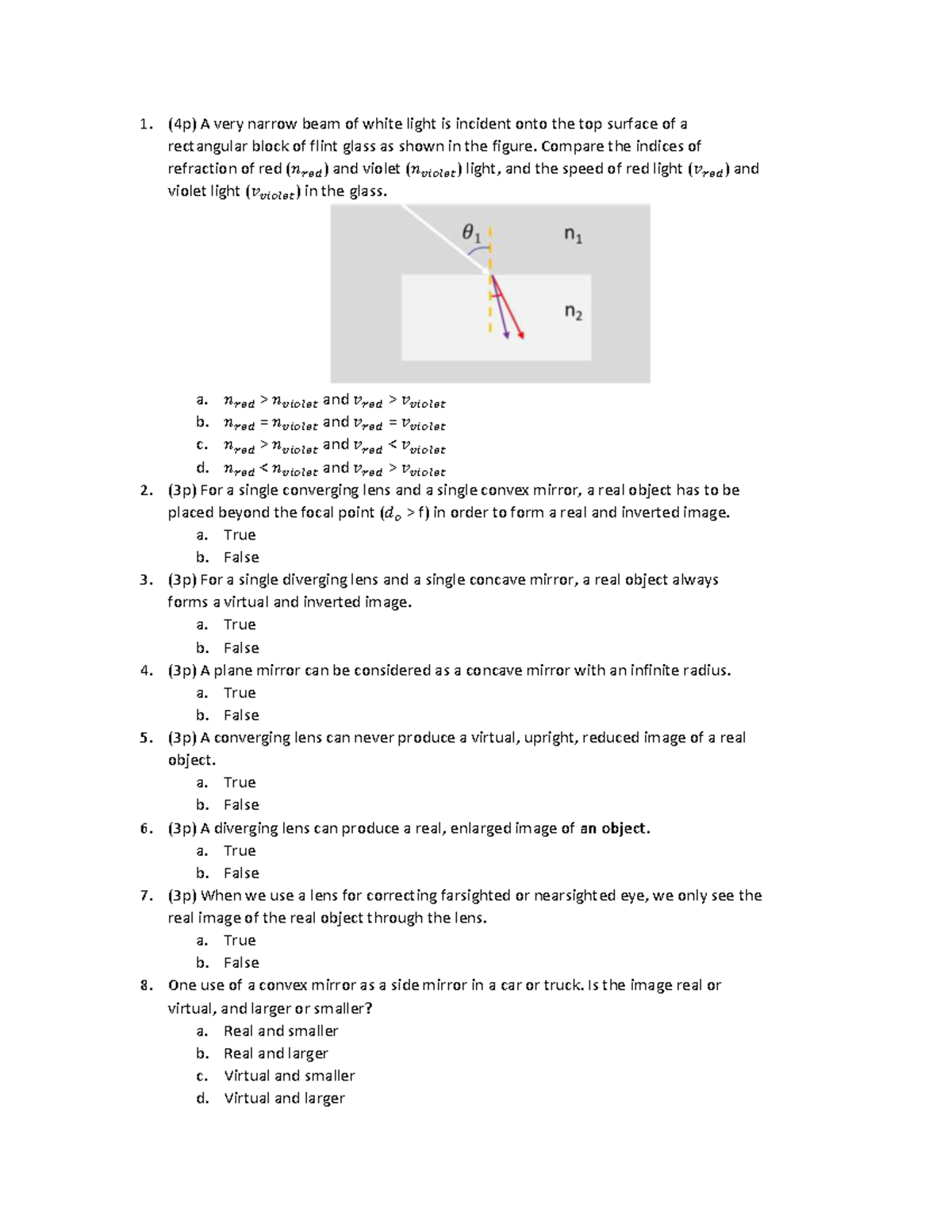 PHYS 1112 Exam 1 Practice Exam Professor tho - (4p) A very narrow beam of white light is ...