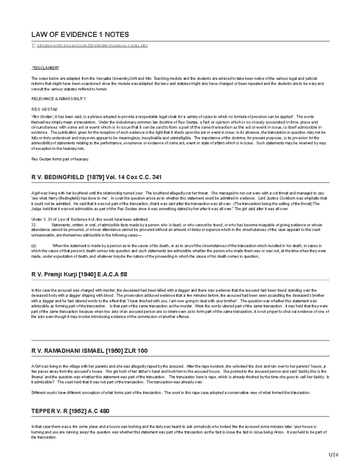 LAW OF Evidence 1 Notes - LAW OF EVIDENCE 1 NOTES - Studocu