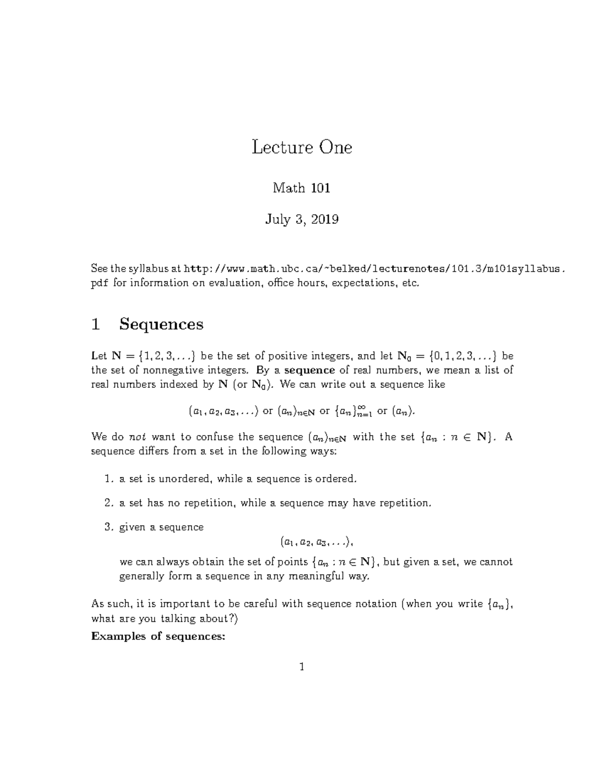 101lecture 1 - Lecture 1 - Lecture One Math 101 July 3, 2019 See the syllabus - Studocu