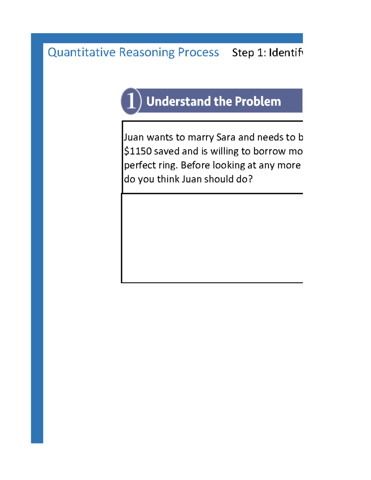 W3 Group Assignment - Quantitative Reasoning Process Step 1: Identify the problem Juan wants to ...