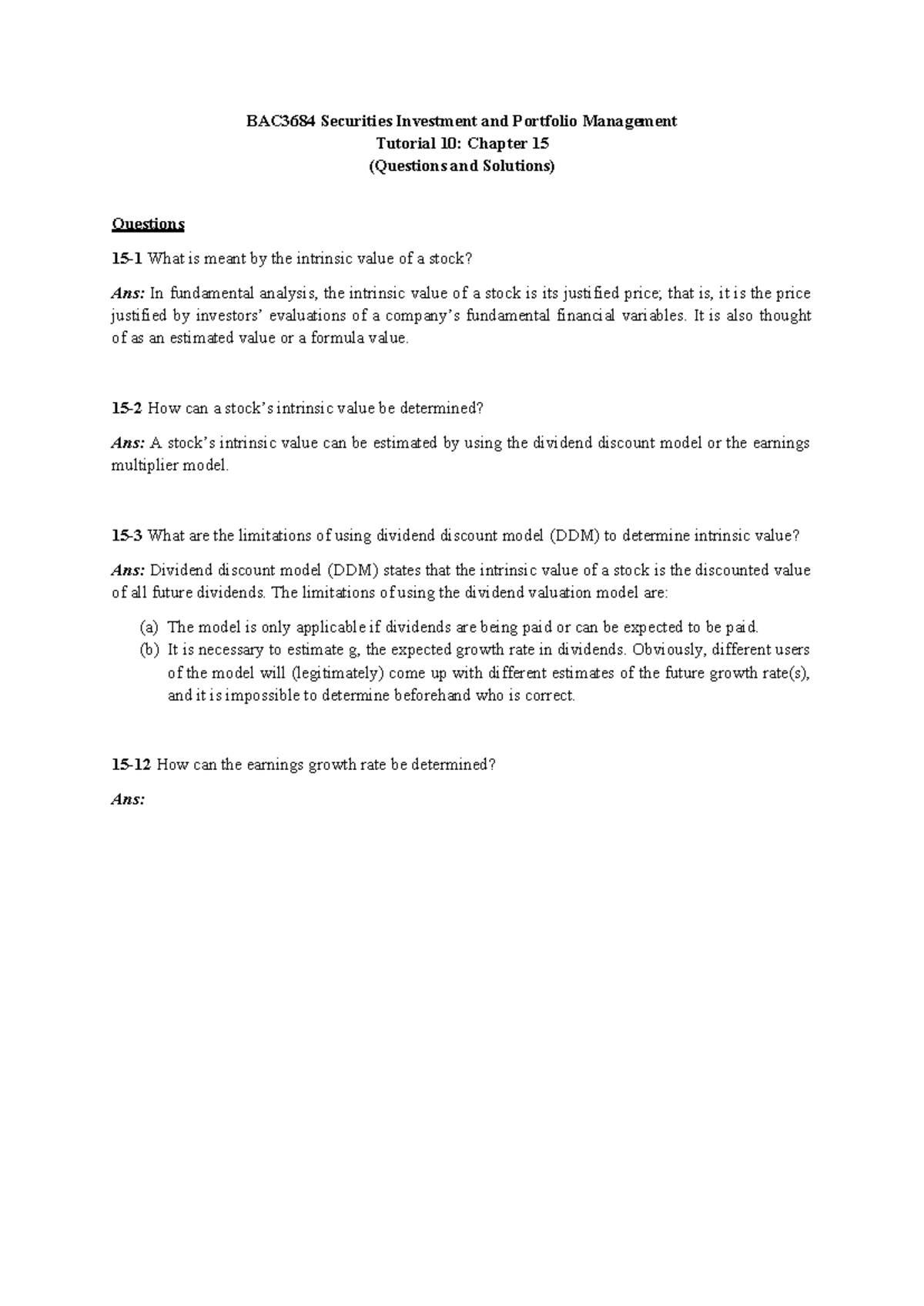 Sec. Inv Tuto 10 (Chap 15) ans - BAC3684 Securities Investment and ...